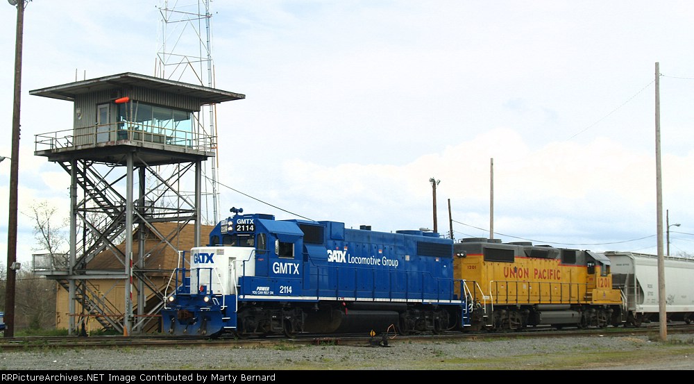 GMTX 2114 (ex-UP 742) and UP 1201 Drill Cars at the UP's Riverside Yard